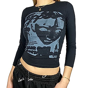 Womens Face Portrait Print Crop Top Y2K E-Girls 90s Long Sleeve Shirt Graphic Print Slim Fit Blouse Tops(C-Black Print top,S)