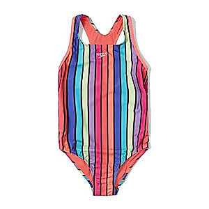 Speedo Girls' Swimsuit One Piece Closed Racerback, Rainbow Stripe Anthracite, 7
