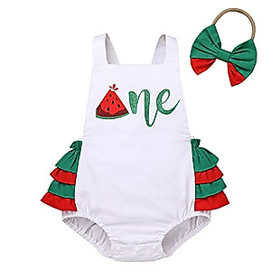 IMEKIS Melon First Birthday Outfit Girl One Cake Smash Boho Baby 1st Birthday Dress Watermelon Themed Party Supplies One Year Old Romper Sunsuit Toddler Summer Photoshoot Green Melon 12-18 Months