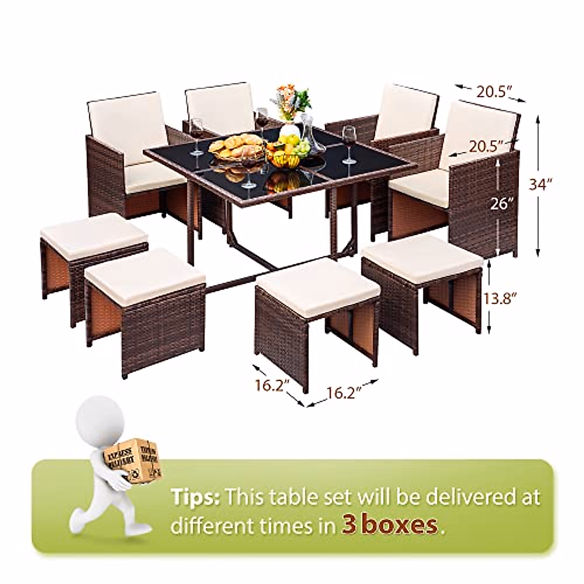 Devoko 9 Pieces Patio Dining Sets Outdoor Space Saving Rattan Chairs with Glass Table Patio Furniture Sets Cushioned Seating and Back Sectional Conversation Set (Beige)