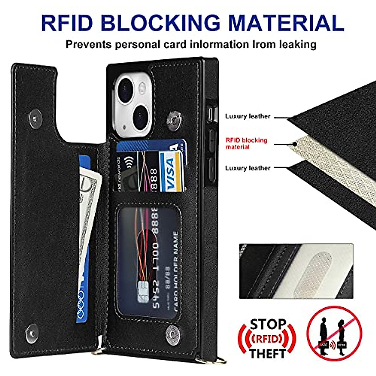 DEFBSC Compatible with iPhone 14 Case, Crossbody Wallet Case, Adjustable Detachable Lanyard Neck Strap with Kickstand Leather Card Holder Protective Cover for iPhone 14 6.1"-Black