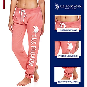 U.S. Polo Assn. Womens Sweatpants - Women Joggers Sweats with Logo Print - French Terry Poly-Cotton (Coral Heather with White Print, Large)