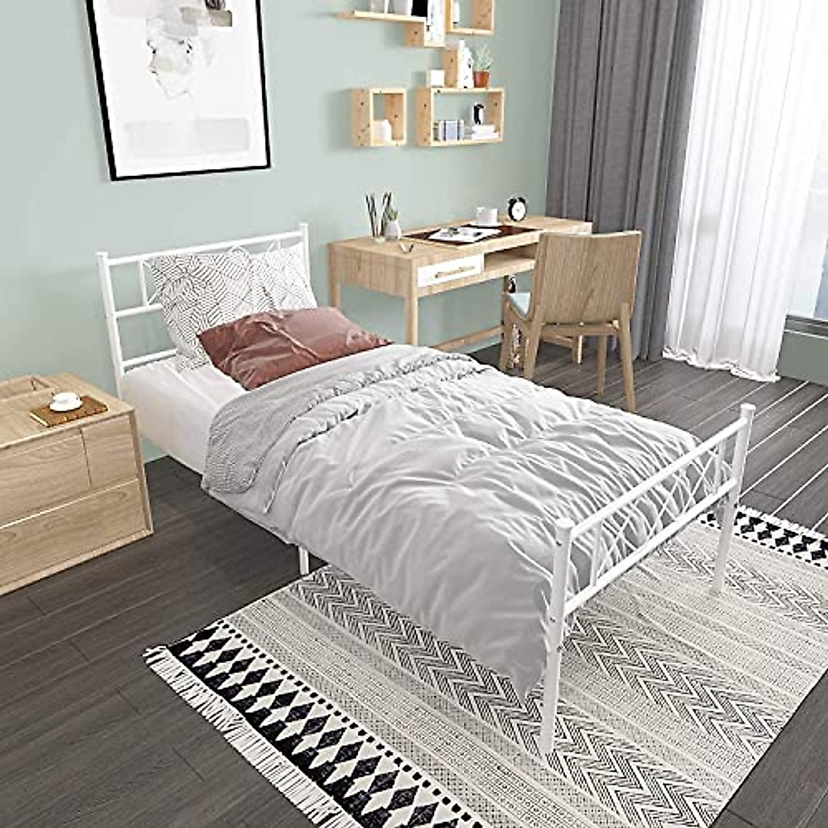 Weehom Twin Bed Frames for Kids Mattress Foundation No Box Spring Needed Large Storage Space Platform Bed Twin White