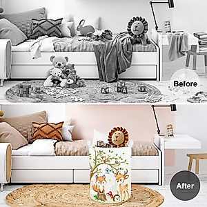 Clastyle 45L Large Forest Animal Kid Laundry Hamper with Handle for Boy Girl Collapsible White Fox Clothes Toy Storage Basket with Lid for Nursery