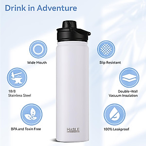 HASLE OUTFITTERS Insulated Water Bottle 22 oz Double Wall Stainless Steel Water Bottle Wide Mouth with Straw Lid & Spout Lid Keeps Cold or Hot(White,1)