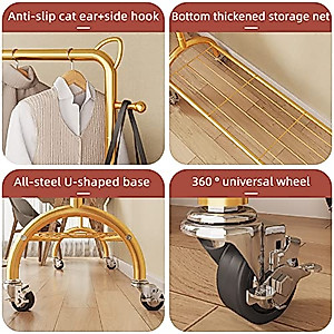 Dttwacoyh Garment Rack, Clothing Rack with Rounded Corners and Wheels,Cute Cat Ears, Heavy Clothes Rack for Bedroom, Living Room and Dormitory(Gold)