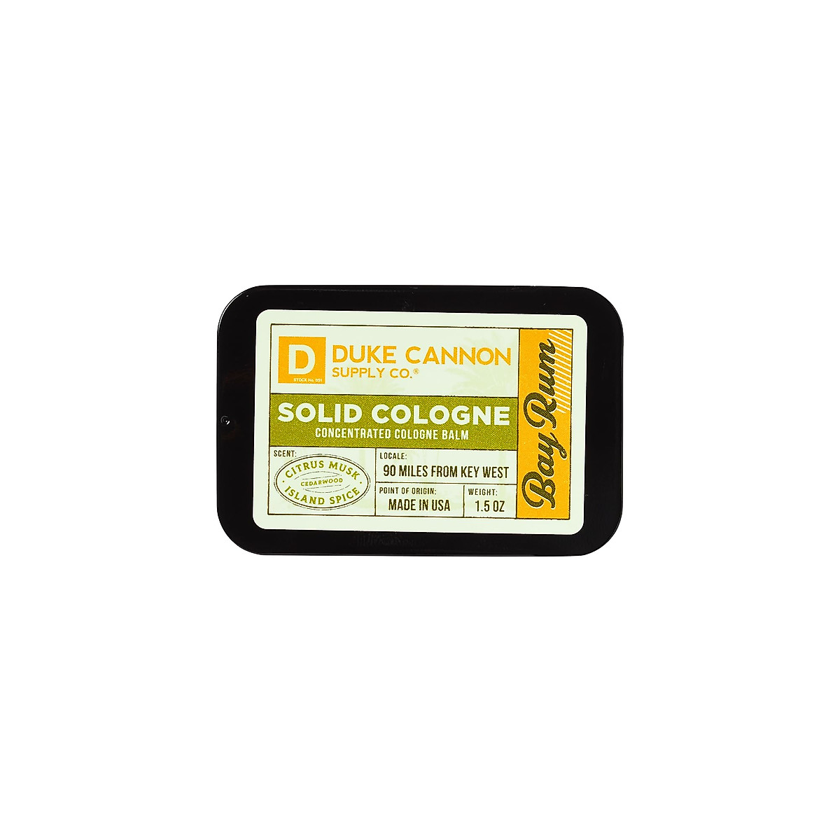 Duke Cannon Supply Co. Solid Cologne for Men Bay Rum (Citrus Musk, Cedarwood, Island Spice) - Concentrated Balm, Travel-Friendly Convenient Tin, Made with Natural & Organic Ingredients 1.5 oz (1 unit)