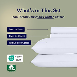 California Design Den 100% Cotton Sheets King Size Set - Cooling 500 Thread Count Sateen, Deep Pockets with All Around Elastic for a, Durable Bedding Set - White Sheets