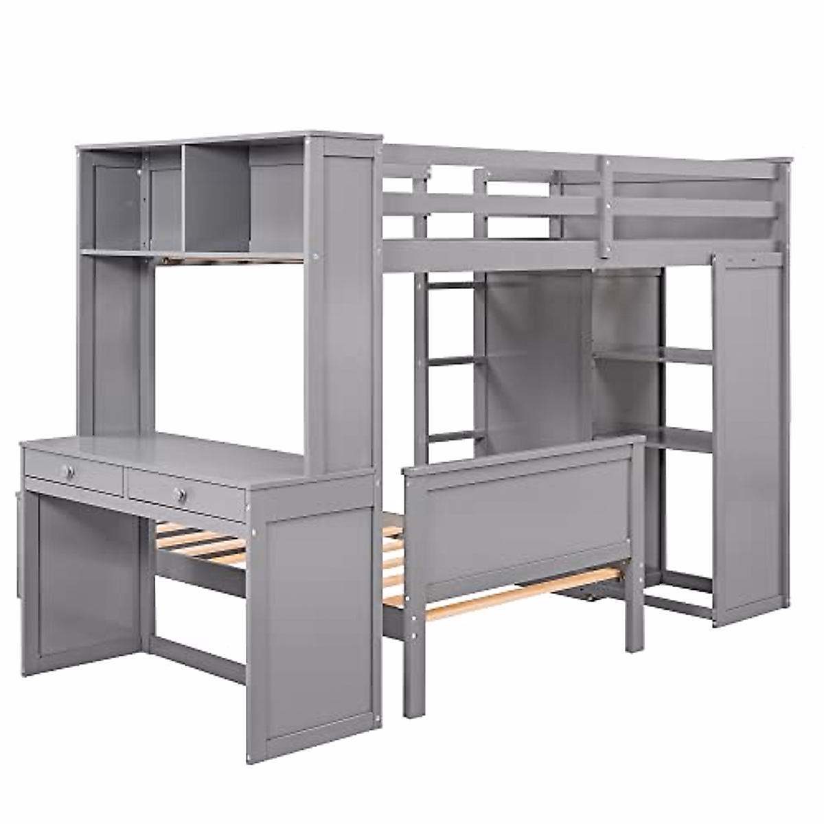 Twin Size Loft Bed with Desk and Wardrobe, Wood Loft Bed Frame with Storage Shelves and A Stand-alone Bed, Twin Over Twin Bunk Bed Frame for Kids Teens Adults (Bottom Bed Can Be Moved, Gray)