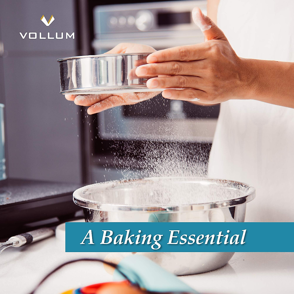 Vollum Stainless Steel Flour Sifter Fine Mesh Round Flour Sifter for Baking 8" Diameter x 2.5" High; Mesh-Hole Size 0.85mm