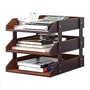 Leather Desk Organizer, 95store 3-Tier Stackable Document Tray, Perfect Desktop Organization Holder for Files, Folder, Stationery, Magazine, Newspaper, Mail, Office Supplies (Brown)