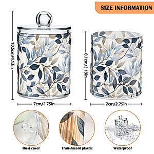 Blue Gray Leaves Qtip Holder 2Packs Apothecary Jars with Lids Cotton Ball Holder Bathroom Organizer Dispenser Plastic Jar for Floss Vanity Cotton Pad Swab Room Home Decor