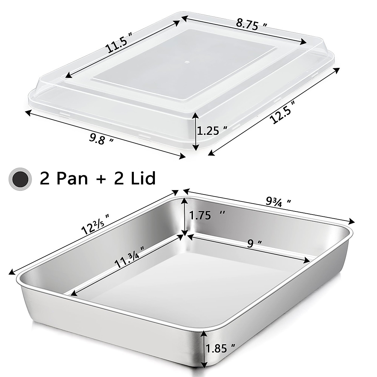 TeamFar Lasagna Pan, 12⅖’’ x 9¾’’ x 2’’ Stainless Steel Rectangular Cake Brownie Baking Pan with Lid, Non-Toxic & Heavy Duty, Brush Surface & Deep Side, Dishwasher Safe-2 Pans+2 Lids