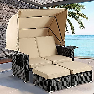 LEISU Outdoor Patio Furniture Sunbed with Retractable Canopy, PE Wicker Rattan Rectangle Sectional Sofa Set Clamshell Sectional Seating with Washable Cushions for Lawn Garden Backyard Poolside (Khaki)