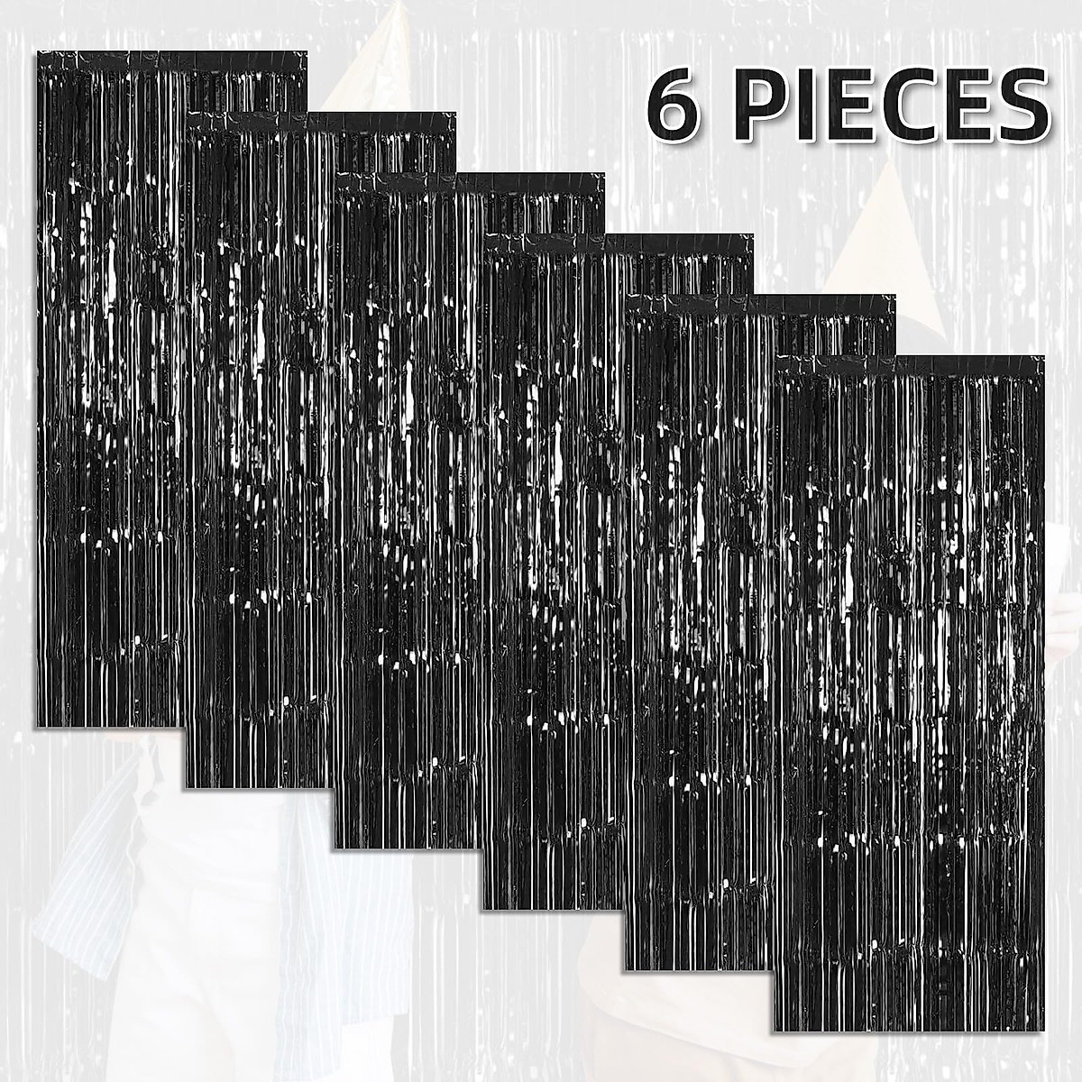 6 Pack Foil Fringe Backdrop Curtains, 3.28 x 8.2 ft Black Tinsel Streamers Metallic Tinsel Foil Fringe Curtains Photo Booth Backdrop for Birthday Wedding Graduation Halloween Party Decorations