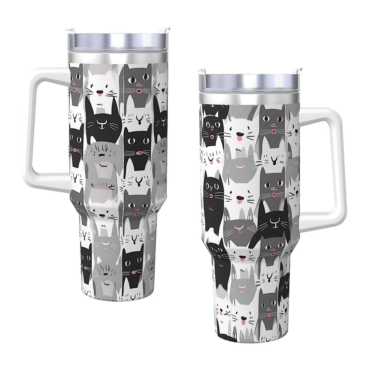 deaokluy 40 OZ Cute Cat Ice Bully Cup with Handle Straw Lid, Double Wall Stainless Steel Tumbler Travel Coffee Cup, Cartoon Insulation and Cooling Cup for Christmas Birthday Present