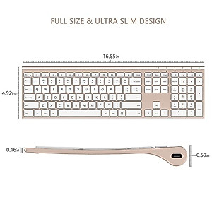 Wireless Keyboard and Mouse Combo, 2.4GHz Ultra-Slim Aluminum Rechargeable Keyboard with Whisper-Quiet Mouse for Windows, Laptop, PC, Desktop - White Gold