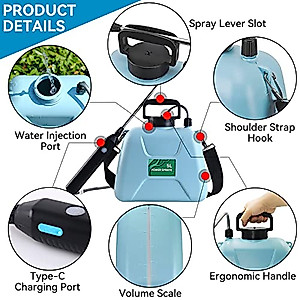1.35 Gallon/5L Battery Powered Sprayer with 160ml High-Pressure Continuous Garden Sprayer, Electric Sprayer with USB Rechargeable Handle, 2 Mist Nozzles and Adjustable Shoulder Strap(Blue