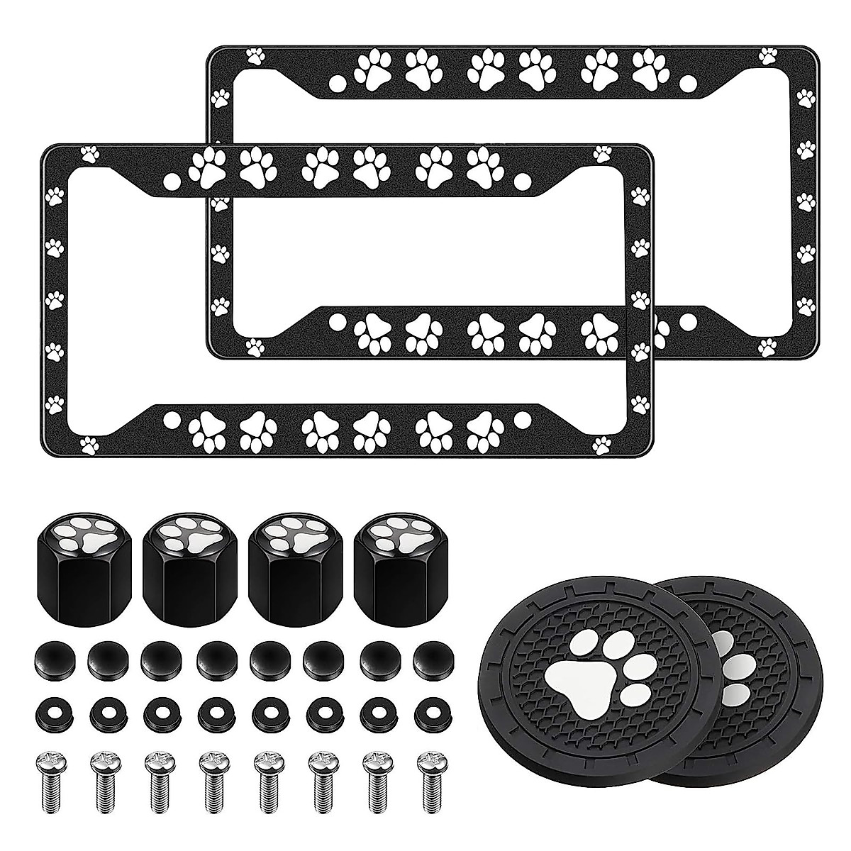gunhunt 2 PCS Paw Print License Plate Cover, Aluminum Alloy License Plate Holder, with 4 PCS Paw Valve Stem Caps and 2 PCS Car Water Coaster, Universal for Most Car SKU Trucks Accessories Set