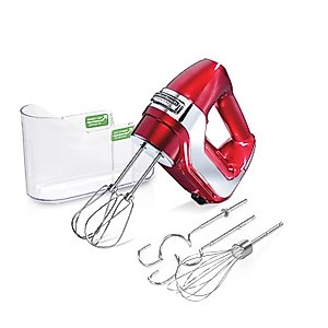 Hamilton Beach Professional 5-Speed Electric Hand Mixer with High-Performance DC Motor Slow Start, Snap-On Storage Case, Stainless Steel Beaters, Dough Hooks & Whisk, Red and Chrome (62653)