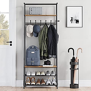 IDEALHOUSE Coat Rack Shoe Bench with 5 Hooks, Hall Trees Entryway Bench with Storage, Multifunctional Hallway Organizer, Wood Look Accent Furniture with Metal Frame for Entryway, Living Room, Bedroom