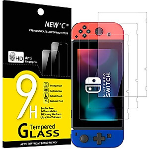 NEW'C Pack of 3, Glass Screen Protector for Nintendo Switch, Tempered Glass Anti-Scratch, Anti-Fingerprints, Bubble-Free, 9H Hardness, 0.33mm Ultra Transparent, Ultra Resistant