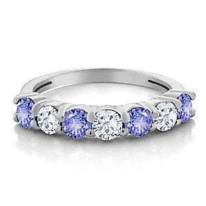 Gem Stone King 925 Sterling Silver Gemstone Birthstone and White Moissanite Wedding Band Engagement Anniversary Ring | Round 3.5MM | 7 Stone Promise Ring For Women