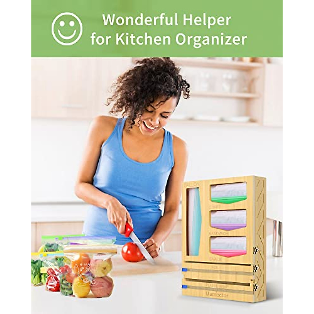 Bamboo Ziplock Bag Storage Organizer, 6 In 1 Foil and Plastic Wrap Organizer for Kitchen Drawer, Uamector  Aluminum Foil Dispenser with Cutter, Compatible within 12" Roll 