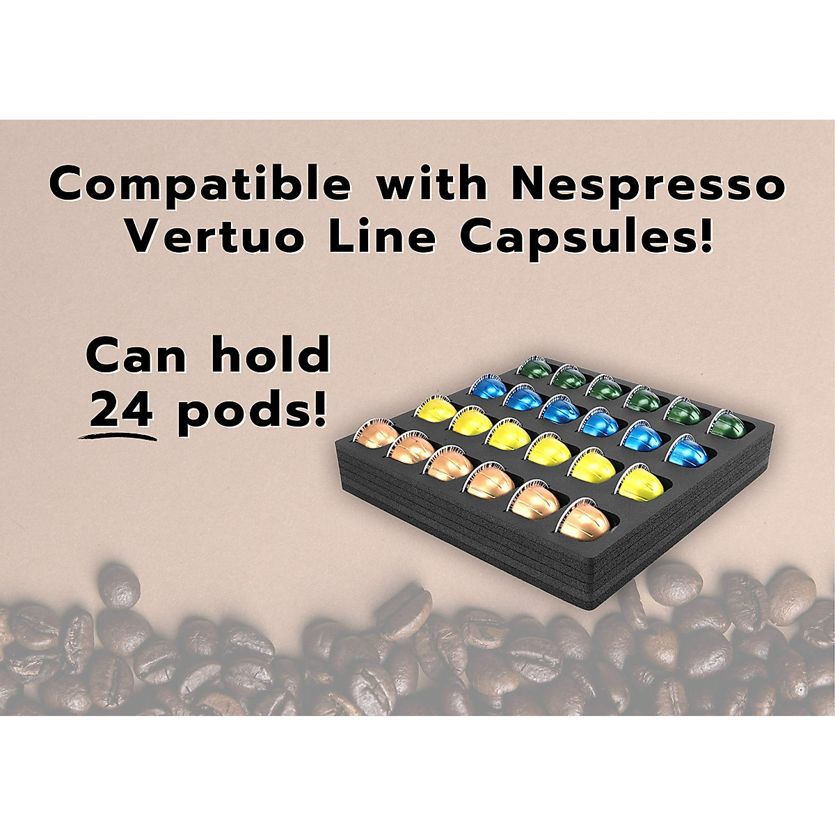 Polar Whale 2 Coffee Espresso Capsule Drawer Organizer Tray Inserts Compatible with Nespresso Vertuo VertuoLine Kitchen Home Office Waterproof Washable Black Foam 24 Compartment 12.5 x 12.5 Inches