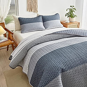 Striped Cotton Quilt Set King Size with White Gray Stripes Soft Cotton Reversible 3pc Quilt Bedding Set, Coverlet, Bedspread with 2 Pillow Shams