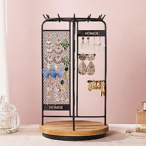 Homde 360 Rotating Jewelry Stand Hold up to 48 Pairs of Earrings and 34 Necklaces Jewelry Tower Tree Earring Necklace Bracelet Display Organizer with Solid Wood Base (Brown + Black)