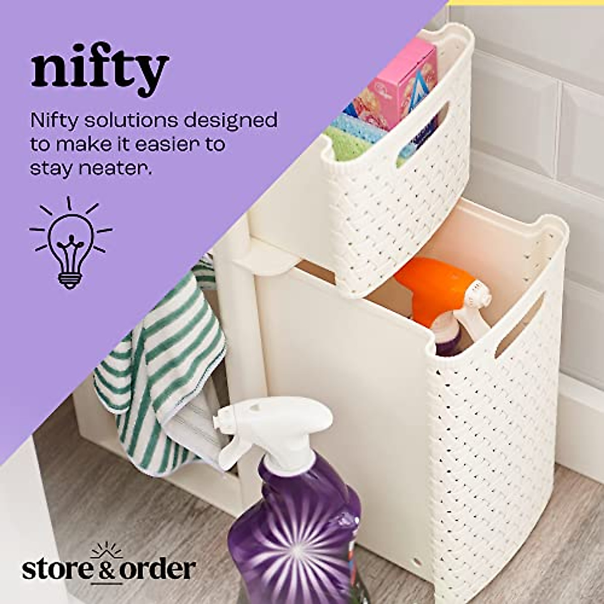 Store & Order Slimline 3 Drawer Tower - Slim & Narrow Plastic Drawers, Perfect Storage Unit for Bathroom, Hallway, Office, Wardrobe or Utility Room, White Rattan Design