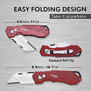 KATA 3-Pack Heavy Duty Box Cutter Folding Utility Knife With Zinc Alloy Body, Quick Change Blades, Lock-Back Design, Extra 12pc Blades For Cartons, Cardboard and Boxes