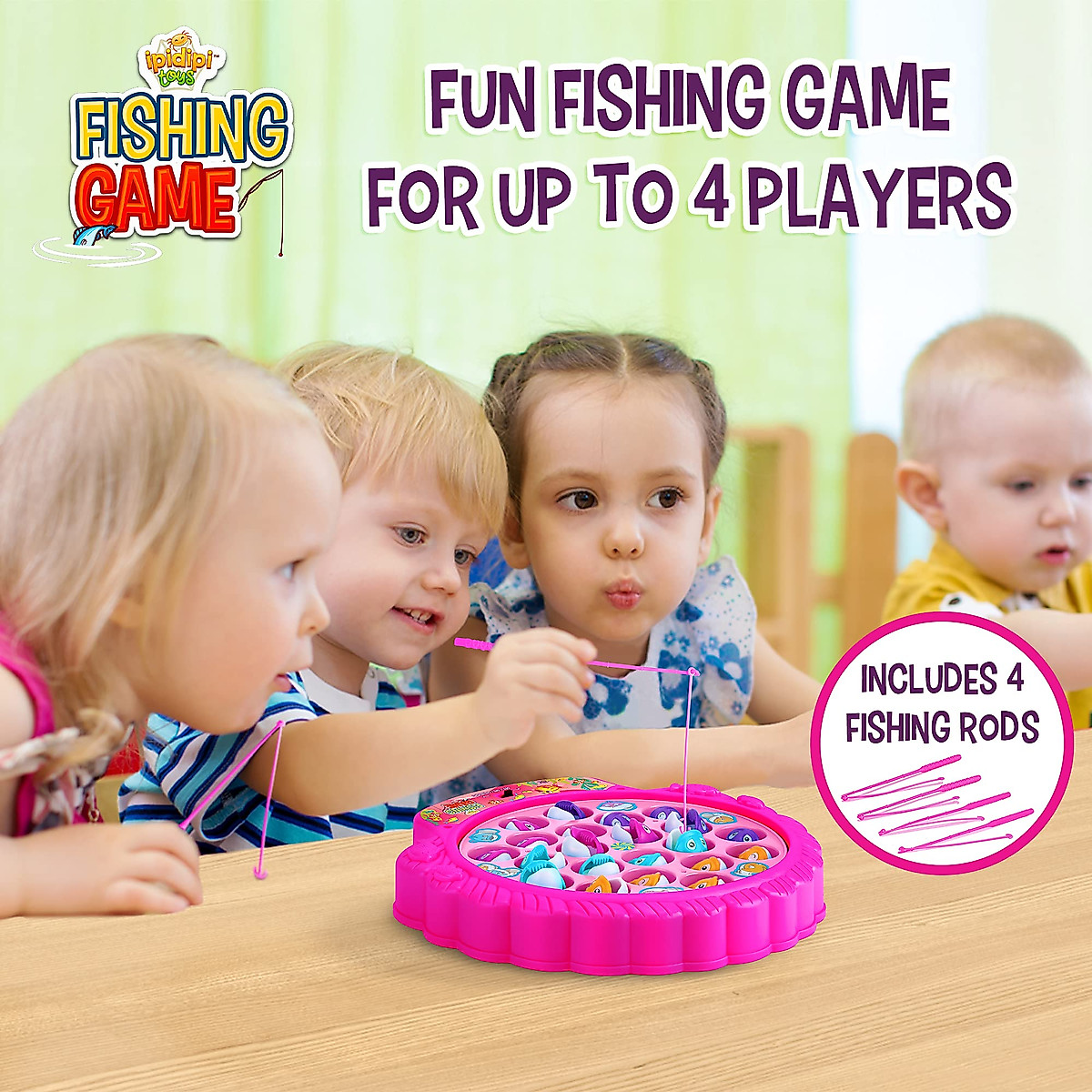 Fishing Game Play Set - 21 Fish, 4 Poles, & Rotating Board w/On-Off Music - Family Children Backyard Pink Toy Games for Kids and Toddlers Age 3 4 5 6 7 Girls and Up