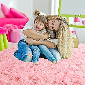 Ompaa Pink 8x10 Feet Large Area Rugs Fluffy Living Room Carpet, Wall to Wall Big Shag Pink Rug for Bedroom Girls Playroom Classroom Nursery Home Office Decor