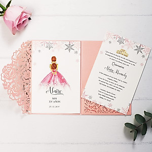 KUCHYNEE 50PCS Pink Customized Quinceanera Invitation Cards with Envelopes 5x7.3 Inch Laser Cut Hollow Rose Pocket with Ribbon invitations for Quincenera Birthday Invite