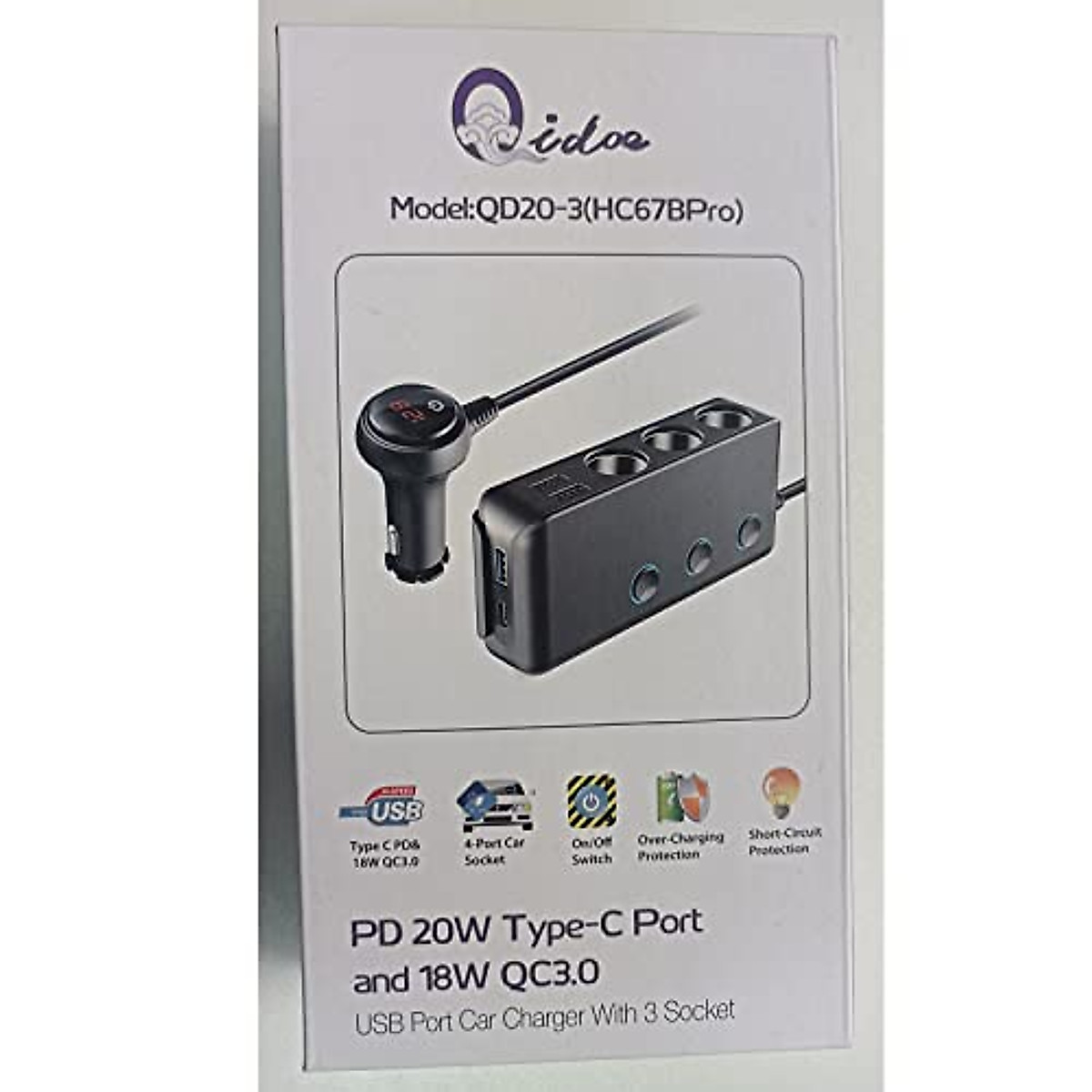 Car Charger Splitter 200W, Qidoe 3 Socket Cigarette Lighter Adapter with PD20W USB-C & QC3.0 Multi USB Car Charger 12V/24V DC Outlet Cigarette Splitter Power Switches Voltmeter for GPS Dash Cam Phone