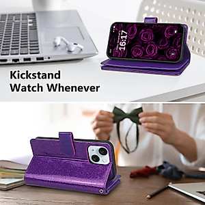 Varikke for iPhone 13 Wallet Case Detachable with Card Holder for Women, Fashion Glitter PU Leather Wrist Strap Strong Magnetic Flip Wallet Removable Phone Case Cover for iPhone 13 6.1", Dark Purple