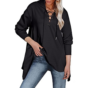 EVALESS Fall Sweatshirt for Women 2023 Fashion Casual Oversized Long Sleeve Hoodie Pullover V Neck Lace Tops with Pockets,Black S