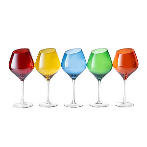 The Wine Savant Slanted Rim Colored Wine Glasses Set of 5 Stylish and Slant Rim Wine Glasses for Gift, Multicolor Set for Anniversary, White or Red Wine, Cabernet Bordeaux 20 oz