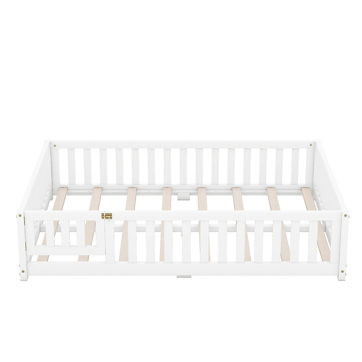 HomSof Full Size Bed Floor Bed with Safety Guardrails and Door for Kids,77.6''L x 55.9''W x 17.5''H， White