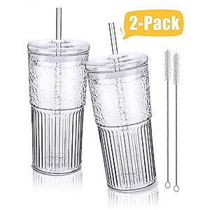 NiHome High Borosilicate Glass Tumbler Cup with Lid and Straw, 22oz Clear Iced Coffee Glass Cups Drinking Jars Glasses Smoothie Tea Cup with Straws, Wide Mouth Water Tumbler With Muffler Ring - 2 Pack