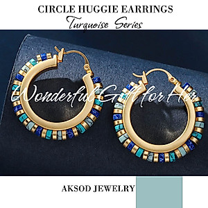 Aksod Turquoise Huggie Hoop Earrings Gold Beaded Circle Huggy Hoops Vintage Trendy Earrings Jewelry for Women