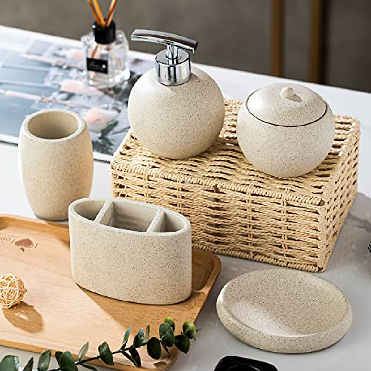 Artchirly 5 Piece Bath Accessory Set for Vanity Countertops,White Sandstone Color,Made of Cement Luxury Ensemble Dish,Lotion Dispenser,Soap Dish,Tooth Mug,Toothbrush Holder and Storage Can (5)