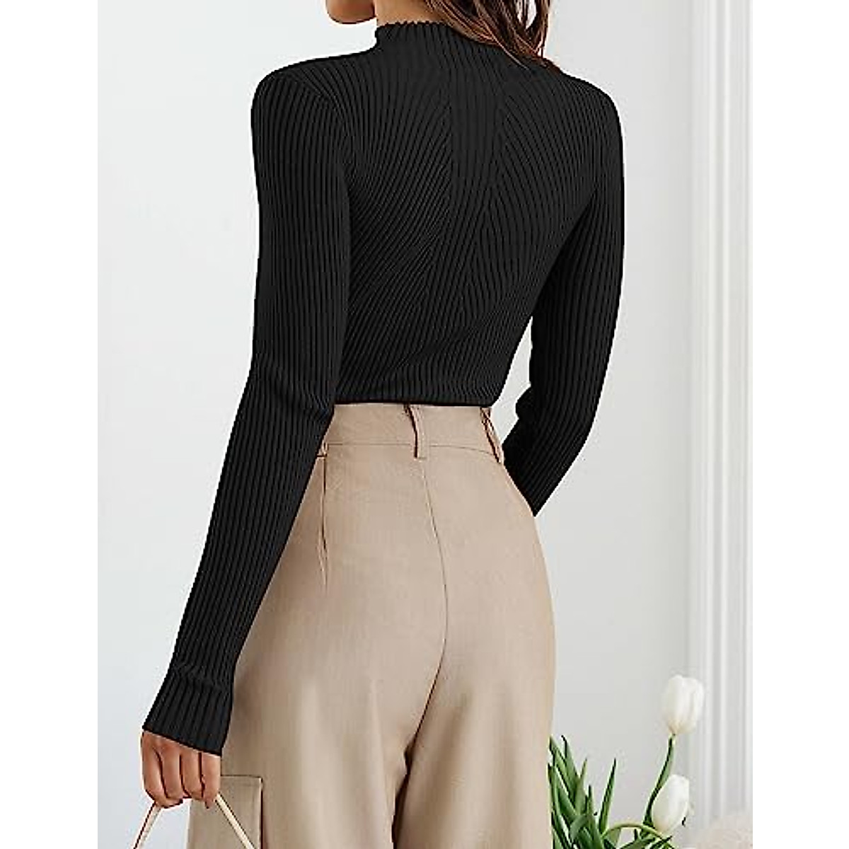 ZESICA Women's 2023 Fall Long Sleeve Turtleneck T Shirts Ribbed Knit Sweater Slim Fit Basic Casual Tee Tops,Black,Large