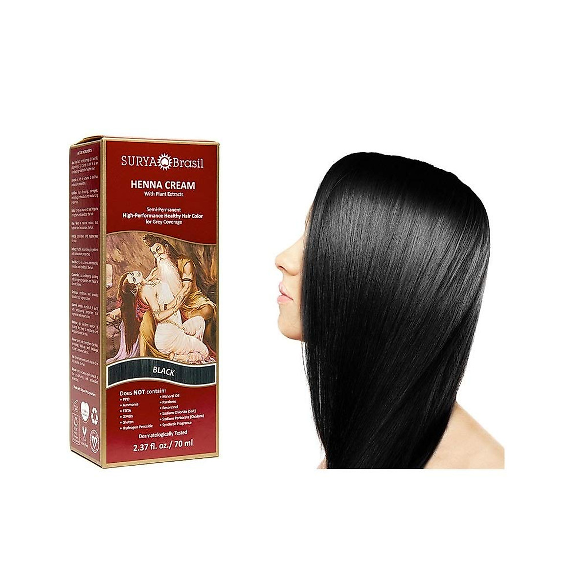 Surya Brasil - Henna Cream for Gray Coverage, Semi Permanent Natural Henna Deep Conditioning Hair Color Treatment, Black, 2.37 oz / 70 ml