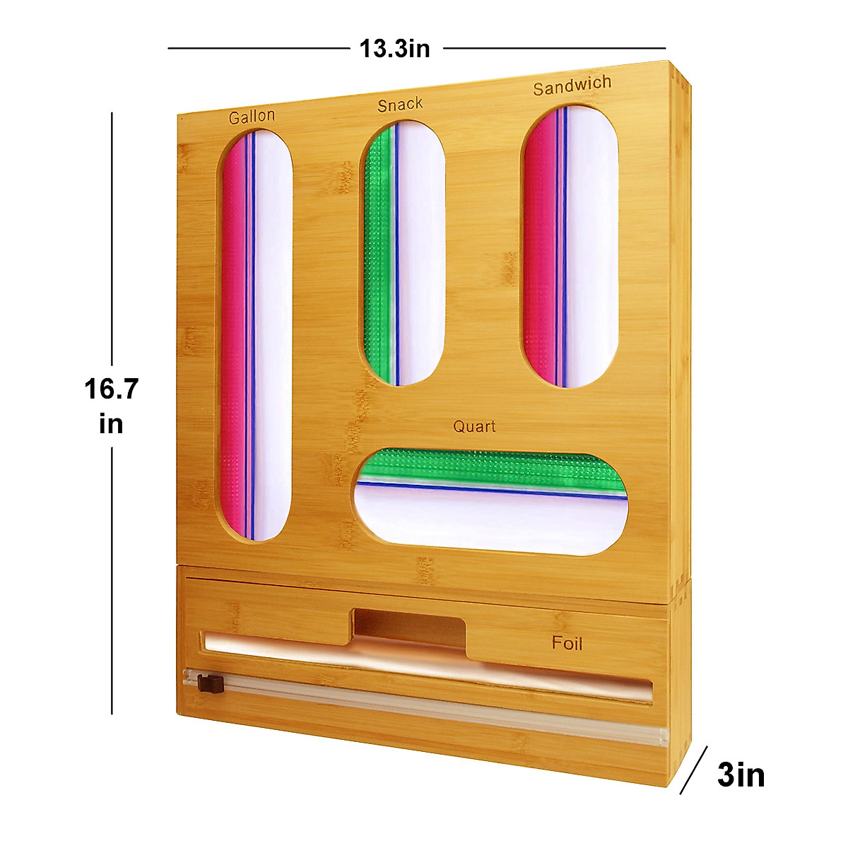 Wooden Ziplock Bag Organizer For drawer - Comes With Adjustable Foil or Plastic Wrap Dispenser With Cutter For Kitchen Drawer Organization and Storage - Zip Lock Bag Organizer Use in 1 or 2 Places