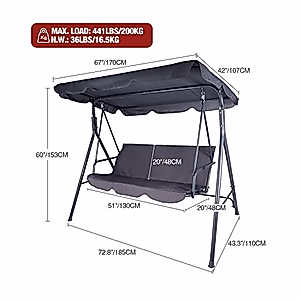 RedSwing 3 Seat Canopy Swing Outdoor, Patio Swing Chair for Porch with Removable Cushions and Adjustable Canopy, Outdoor Porch Garden Swing Glider, Grey