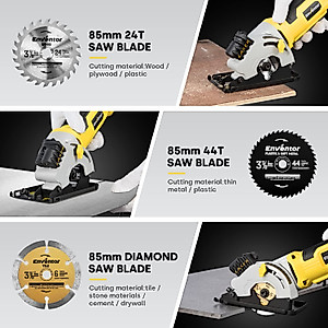 ENVENTOR Mini Circular Saw, 4.8A Electric Circular Saw Corded with Laser Guide, 4000RPM, 3 Saw Blades 3-3/8" Max Cutting Depth 1-1/16", Compact Hand Saw for Wood, Soft Metal, Tile, Plastic Cuts