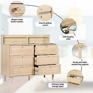 FUQARHY Rattan Dresser for Bedroom with Shelves, Modern 6 Drawer Double Dresser with Charging Station, Wood Chest of Drawers for Bedroom, Living Room, Hallway (Natural)